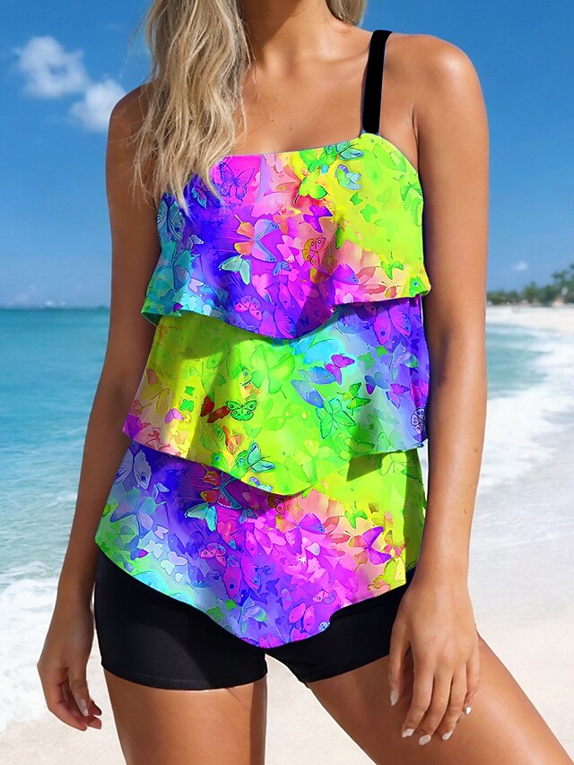 Women's Tankini 2 Piece Swimsuit High Waist Ruffle Layered Backless ...