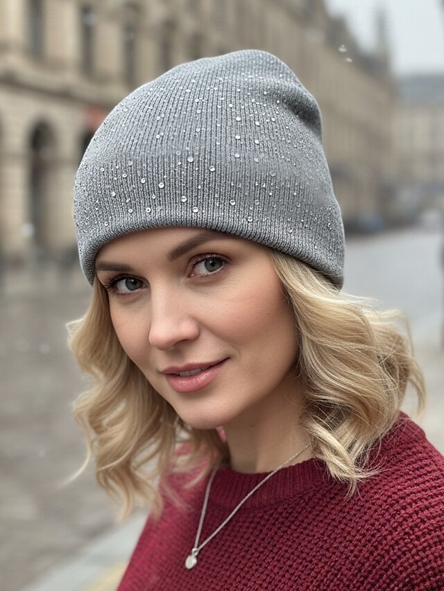 Women's Knitted Polyester Beanie Hat, Rhinestone Decor, Available in ...
