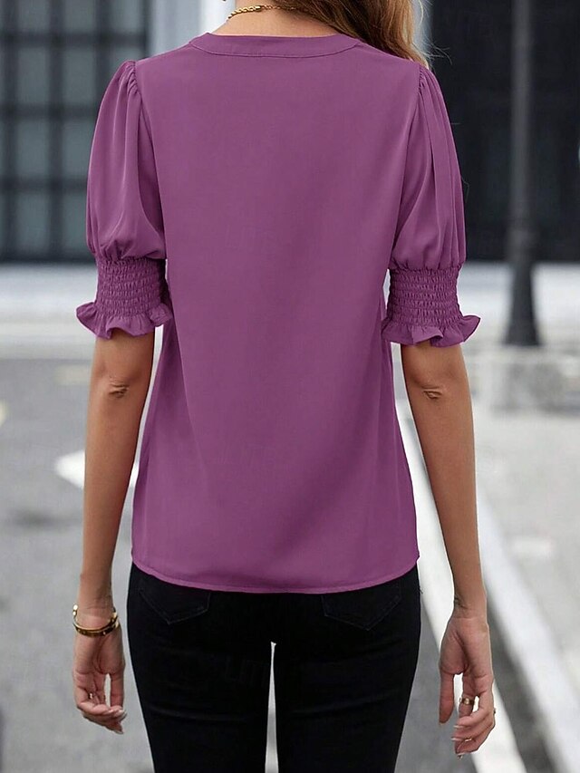 Women's Blouse Plain Vintage Stylish Short Sleeve V Neck Regular Tops ...