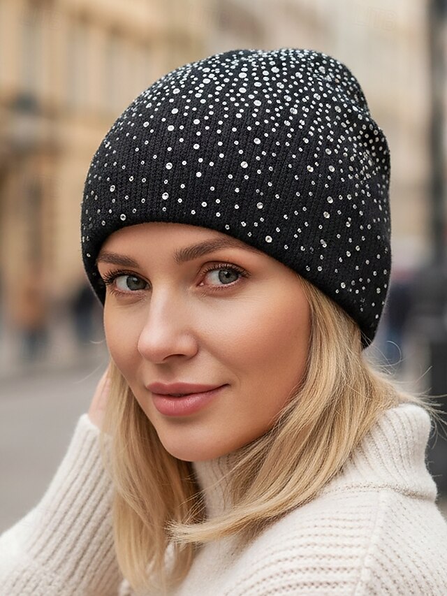 Women's Knitted Polyester Beanie Hat, Rhinestone Decor, Available in ...