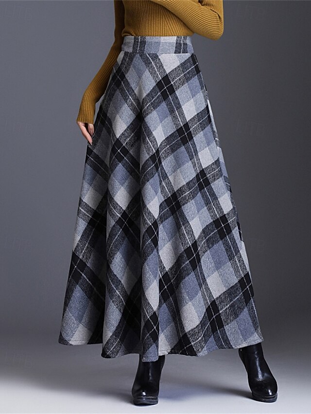 Women's Elegant Retro Vintage Maxi High Waist Skirts Plaid Color Block ...