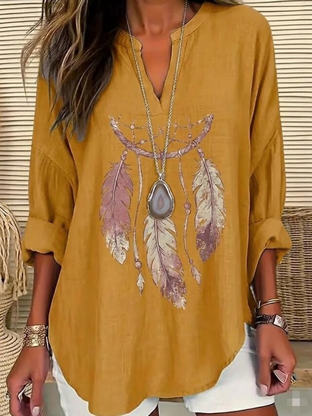 Women's Shirt Tunic Graphic Feather Bohemia Vintage Daily Long Sleeve V ...
