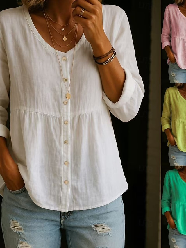 Dam Blus Ensfärgat Stylish Ledigt Långärmad V-hals Vanliga toppar ...