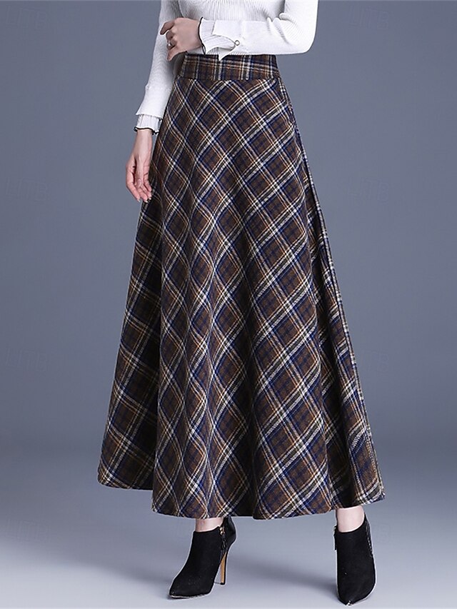 Women's Elegant Retro Vintage Maxi High Waist Skirts Plaid Color Block ...