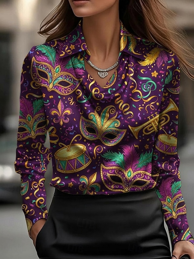 Carnival Women's Shirt Graphic Vintage Casual Long Sleeve Cowl Neck ...