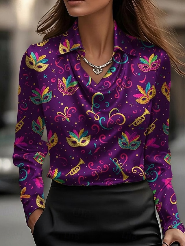 Carnival Women's Shirt Graphic Vintage Casual Long Sleeve Cowl Neck ...