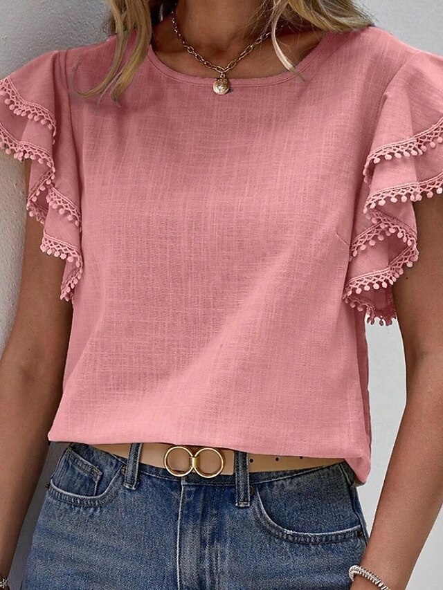 Women's Blouse Plain Vintage Stylish Short Sleeve Crew Neck Regular ...