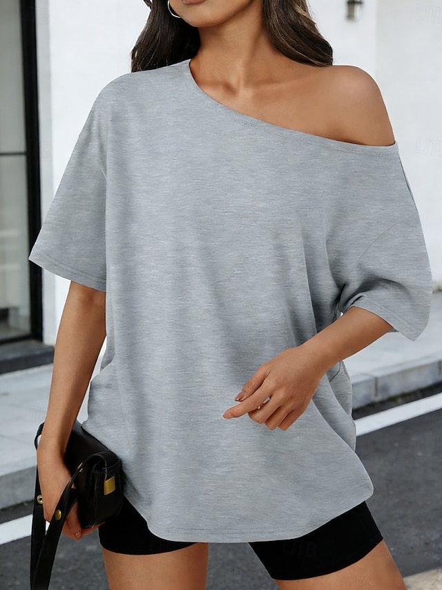 Women's T Shirt Solid Color Stylish Casual Short Sleeve Cold Shoulder ...