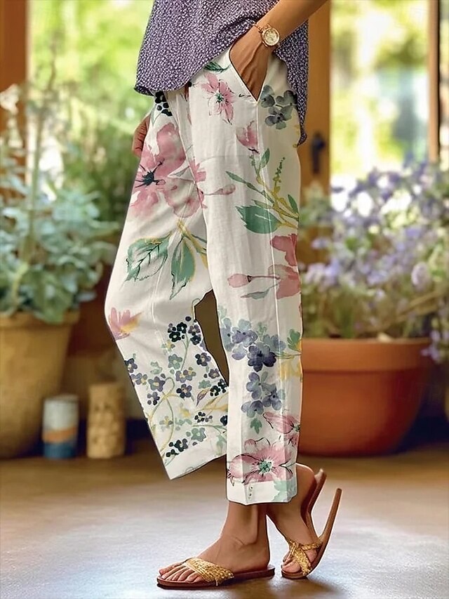 Women's Linen Like Pants Trousers Vacation Basic Casual Daily Full ...