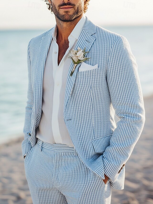 Men's Wedding Beach Wedding Linen Suits Beige Lightweight Casual Solid ...