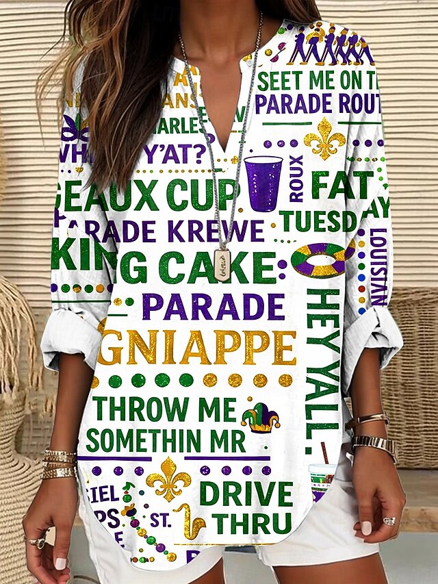 Mardi Gras Women's Shirt Graphic Vintage Daily Stylish Long Sleeve V ...