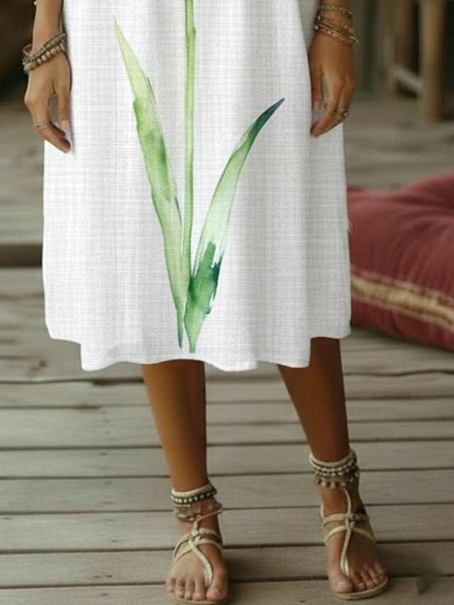 Women's Midi Dress Faux Cotton Linen Casual Dress Vintage Daily Outdoor ...