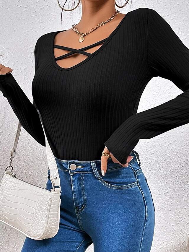 Women's Petite Ribbed Knit Tops Fashion Sexy Long Sleeve V Neck Crop ...