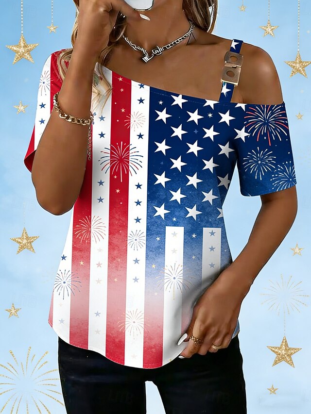 American Independence Day Women's T Shirt Print Graphic Flag Letter ...