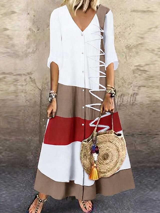 robe longue à col en V et blocs de couleurs pour femmes, demi-manches ...