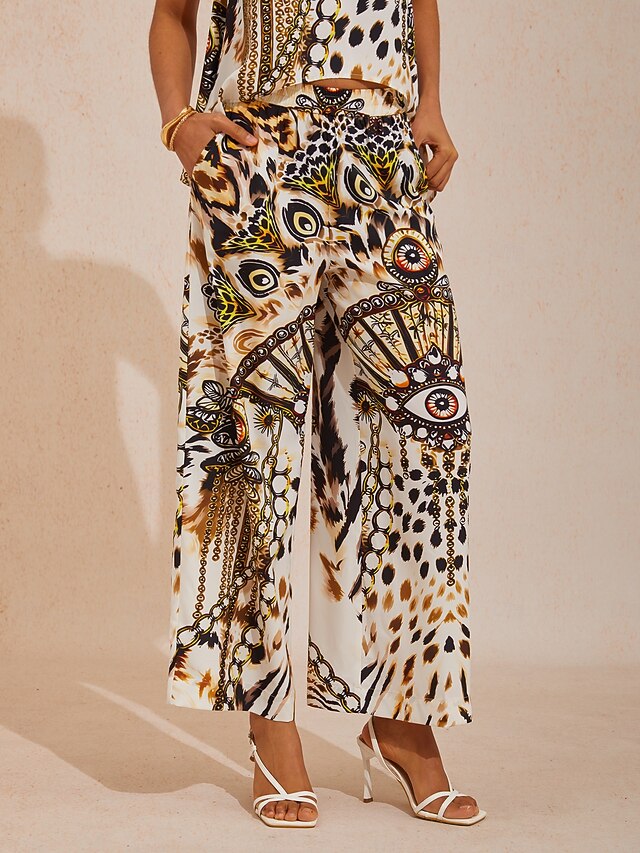 Vacation Leopard Chain Print Elastic Waist Satin Straight Pants 2026 ...