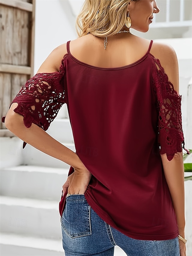Women's Cold Shoulder Tops Lace Splicing Top Stylish Sexy Casual ...
