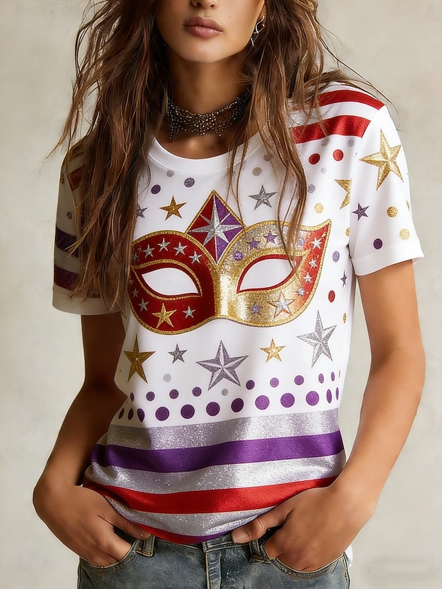 Carnival Mardi Gras Women's T Shirt Tee Top Graphic Star Striped ...