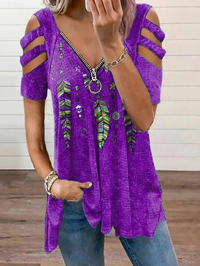 Women's Blouse Graphic Leaves Stylish Modern Casual Short Sleeve V Neck ...