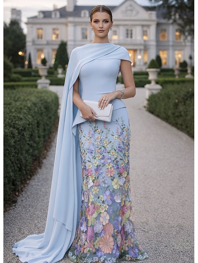 A-Line Sheath Column Floor Length Ball Gown with Cape Evening Gown Ball ...