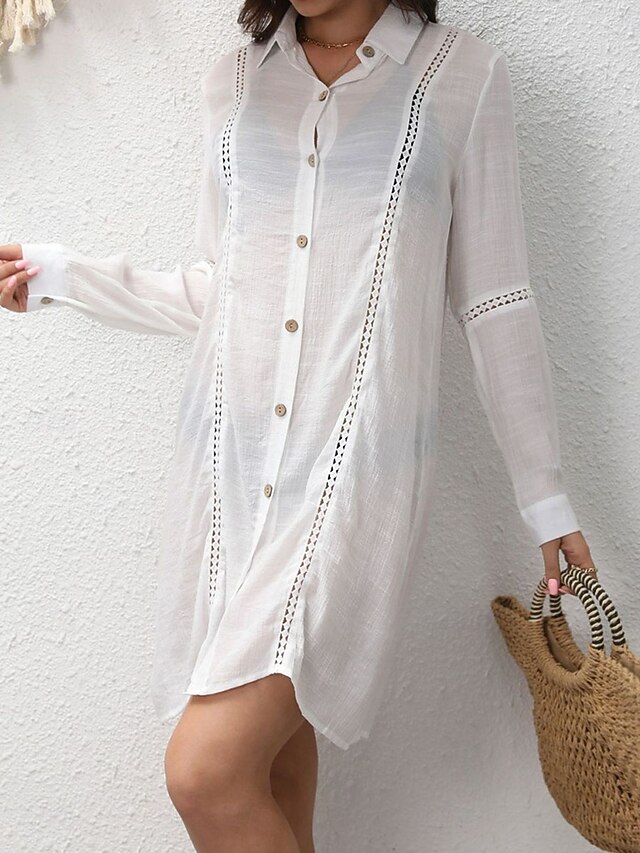 Women's Mini Dress White Dress Beach Dress Shirt Dress Cover Up Elegant ...