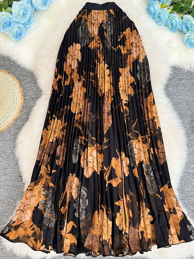 Women's Vintage Fashion Casual Maxi High Waist Skirts Floral Pleated ...