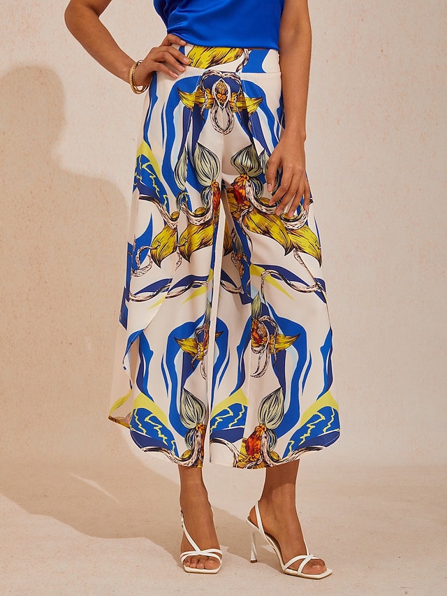 Vacation Abstract Geometric Print Curved Hem Cross-over Satin Wide leg ...