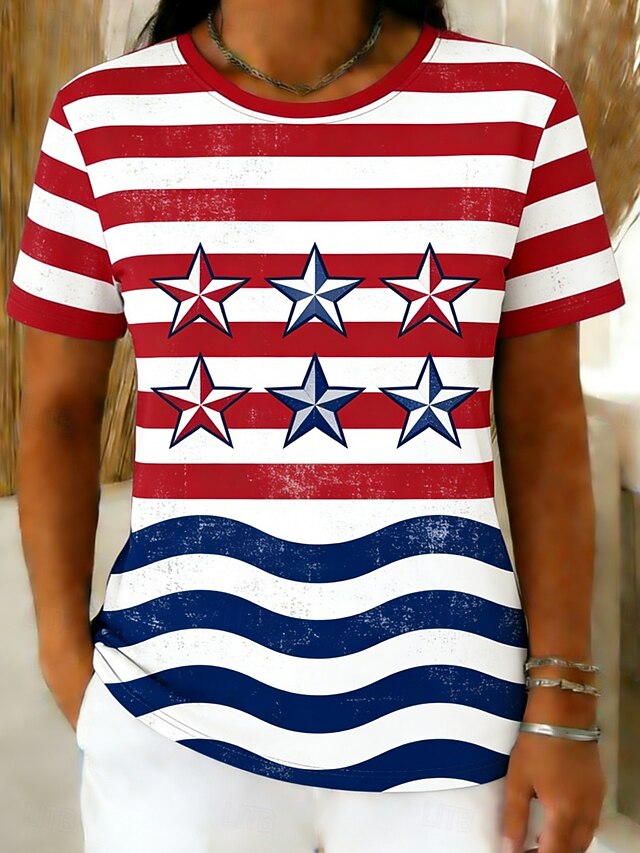 American Independence Day Women's T Shirt Tee Top Graphic Flag Striped ...