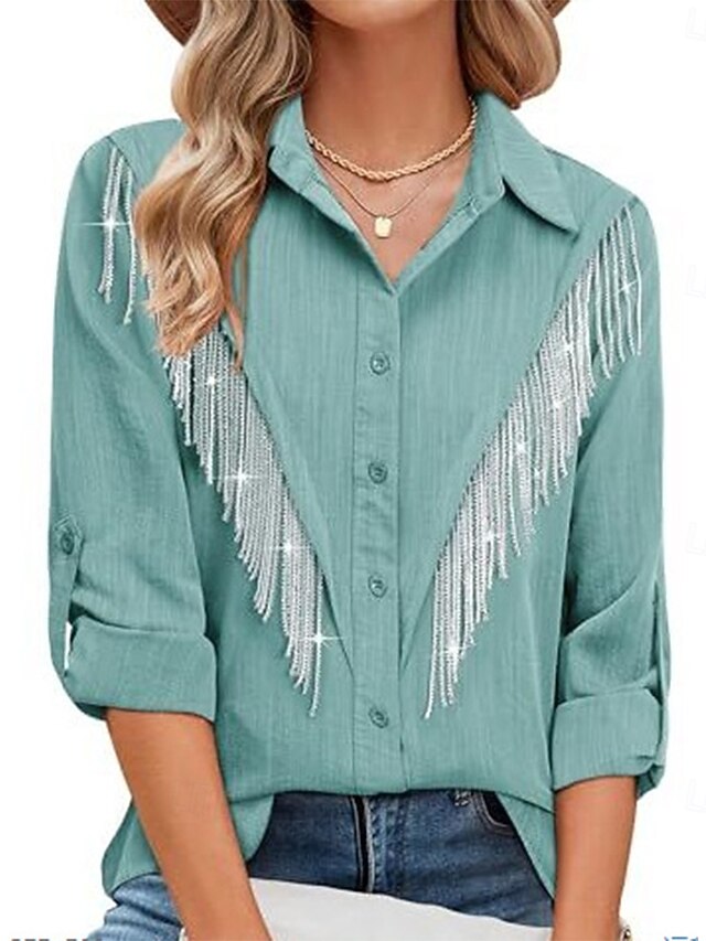 Women's Dress Shirt Button Up Shirt Blouse Glitter Buttons Rhinestone ...