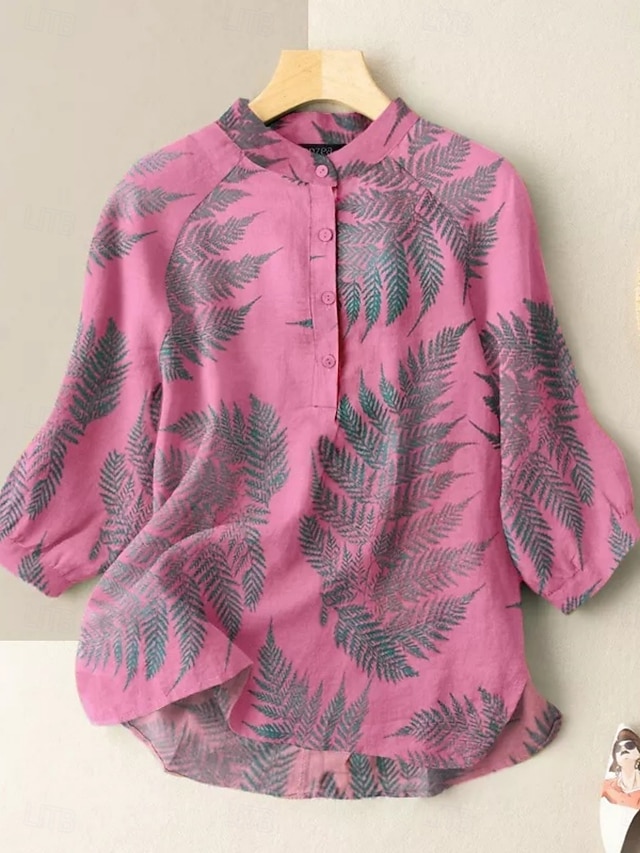 Women's Cotton Linen Shirts Leaf Vintage Stylish Basic Long Sleeve Crew ...