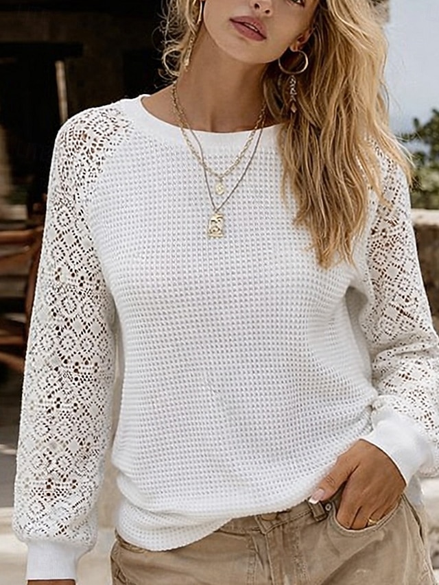 Women's Blouse Solid Color Elegant Daily Stylish Long Sleeve Crew Neck ...