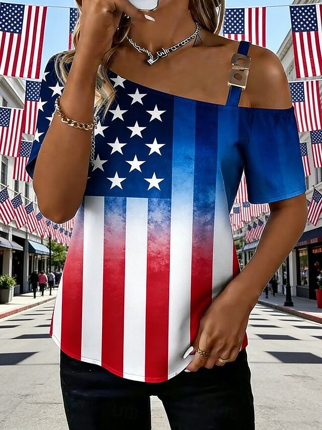 American Independence Day Women's T Shirt Print Graphic Flag Letter ...