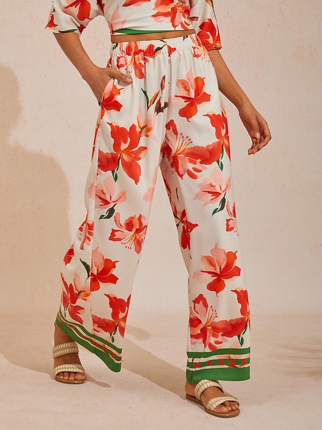 Vacation Color-block Floral Elastic Waist Satin Wide leg Pants 2026 ...