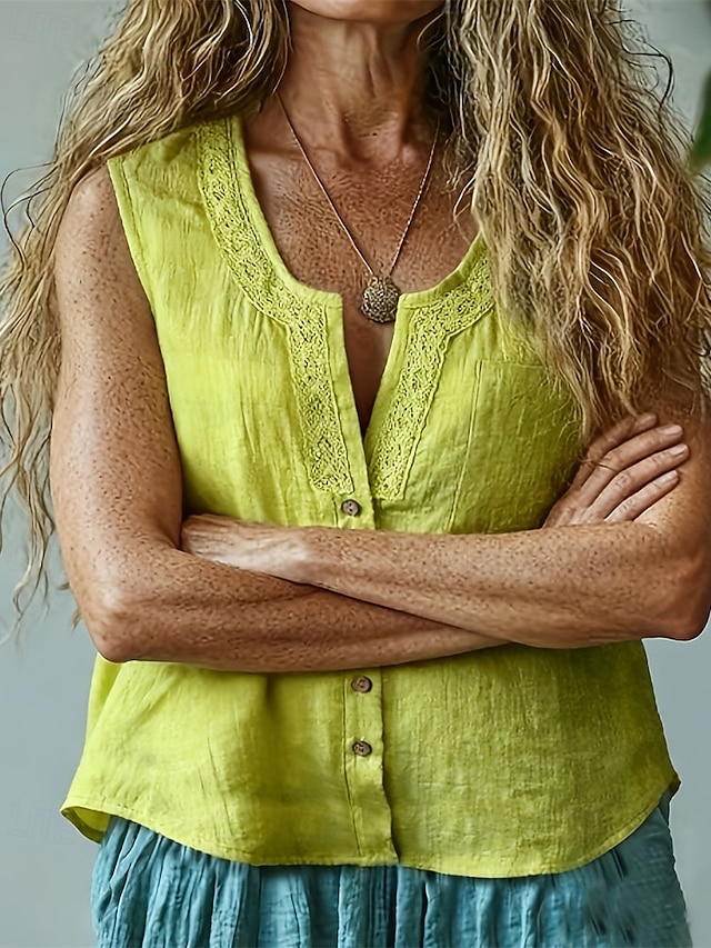 Women's Cotton Linen Vest Lace Splicing Top Summer Tops Blouse Plain ...