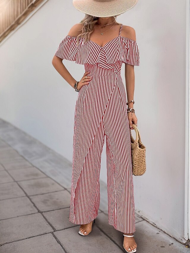 Women's Normal Jumpsuit Active Striped Short Sleeve Wide Leg Off ...