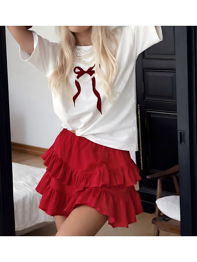 Women's Cotton Shirt Bow Cute Stylish Casual Short Sleeve Crew Neck ...