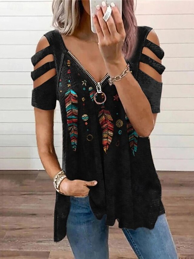 Women's Blouse Graphic Leaves Stylish Modern Casual Short Sleeve V Neck ...