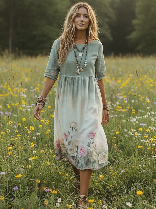 Women's Midi Dress Faux Cotton Linen Casual Dress Vintage Daily Outdoor ...