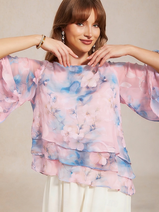 Women's Sheer Blouse Chiffon Tops Floral Elegant Bell Sleeve Crew Neck ...