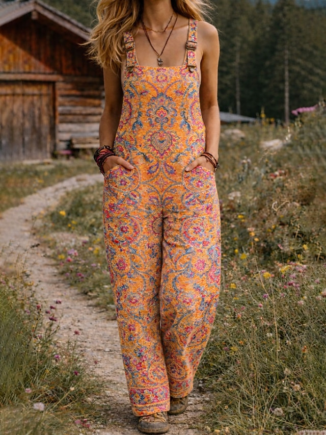 Women's Dungarees Active Floral Sleeveless Sleeveless Wide Leg Square ...