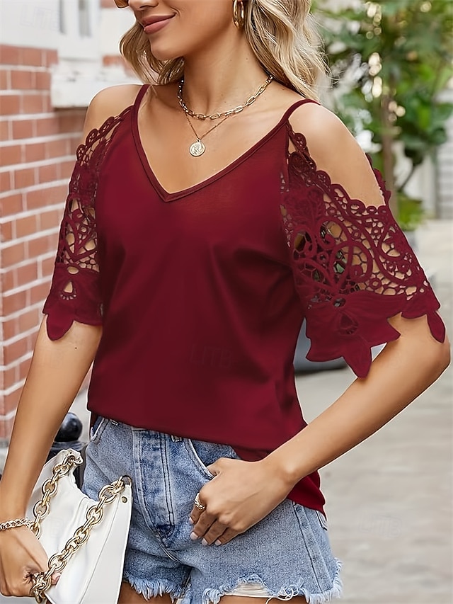 Women's Cold Shoulder Tops Lace Splicing Top Stylish Sexy Casual ...