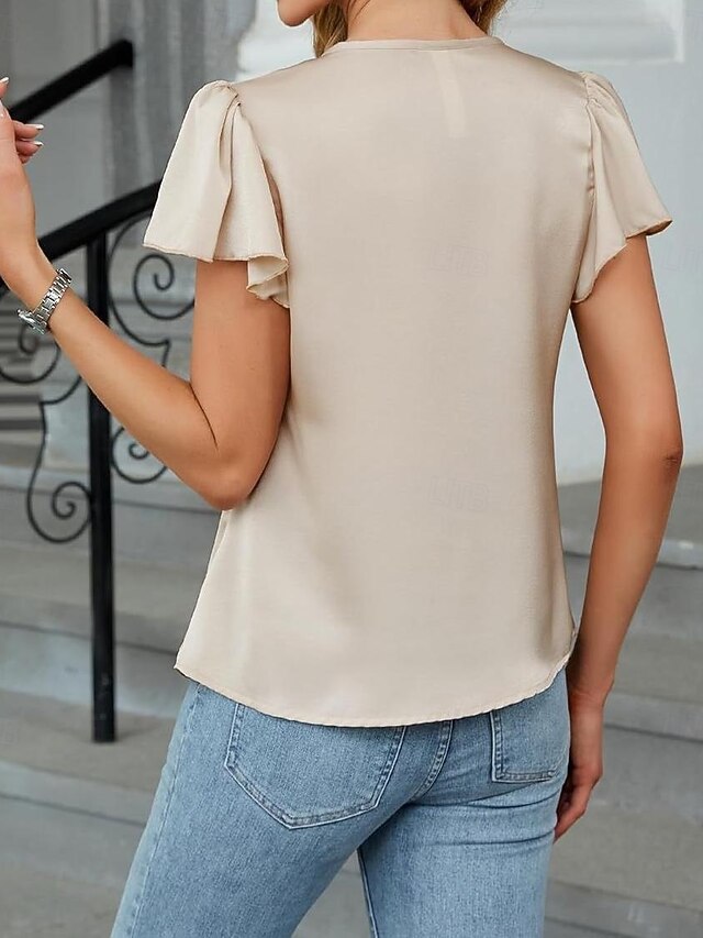 Women's Satin T Shirt Solid Color Elegant Stylish Short Sleeve Ruffle ...