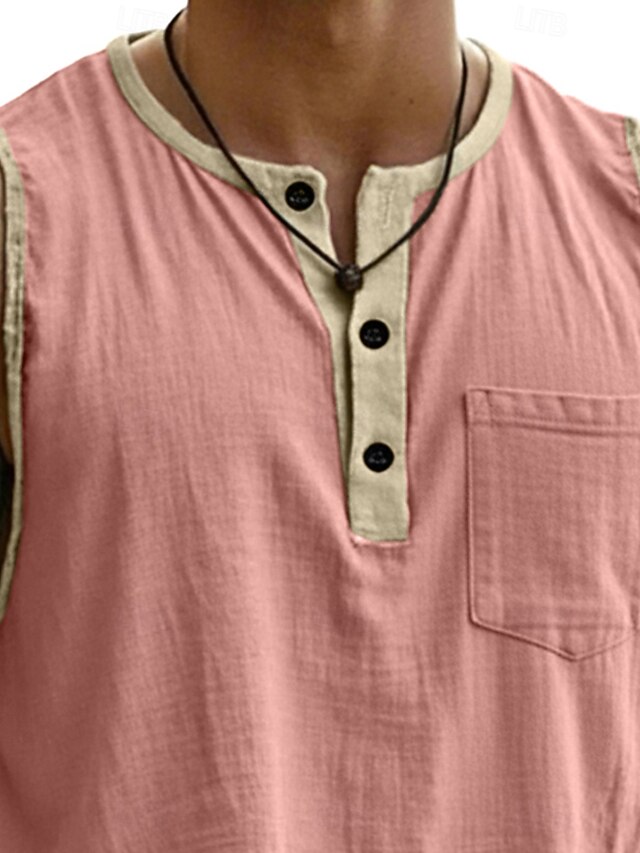 Men's Linen Shirt Tank Top Vest Top Undershirt Sleeveless Henley Summer ...