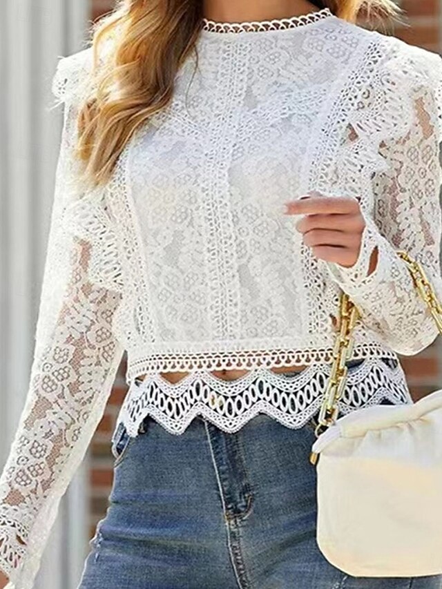 Women's Summer Tops Blouse Eyelet top Lace Tops Ruched Lace Patchwork ...