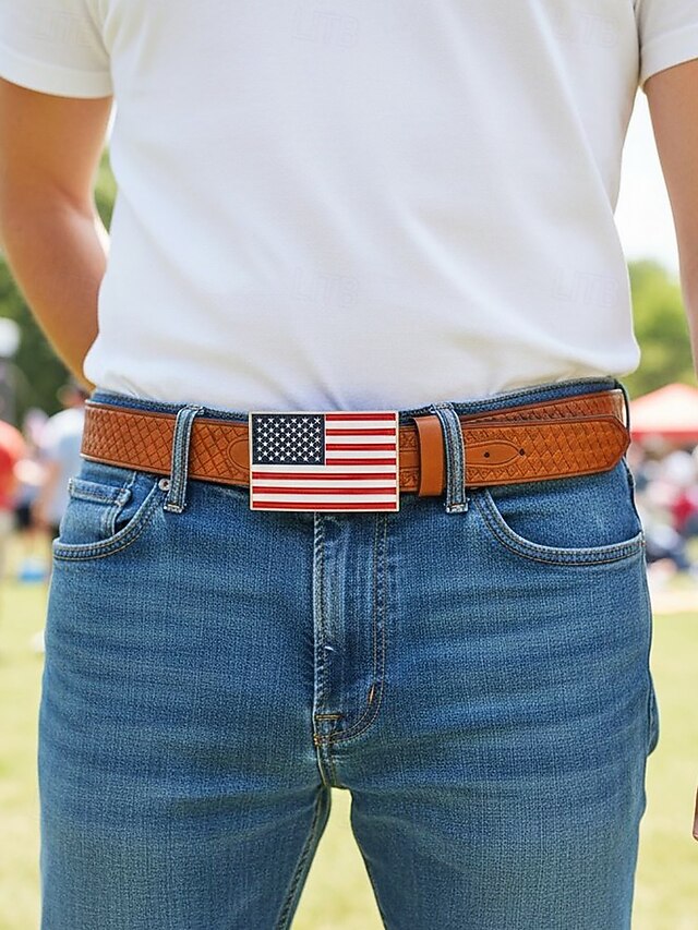 Men's Embossed Faux Leather Belt with American Flag Buckle, Multiple ...