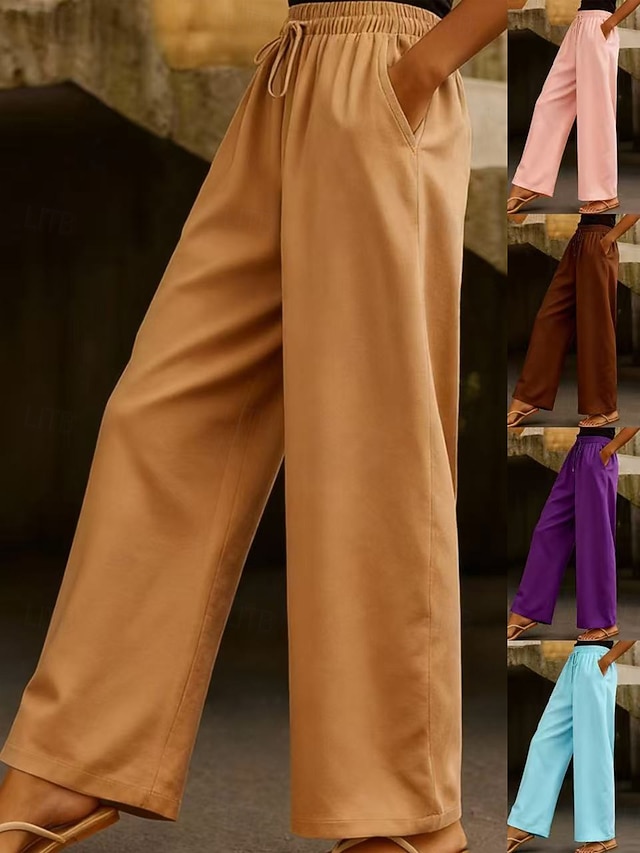 Women's 100% Cotton Wide Leg Pants Trousers Vacation Fashion Basic Full ...