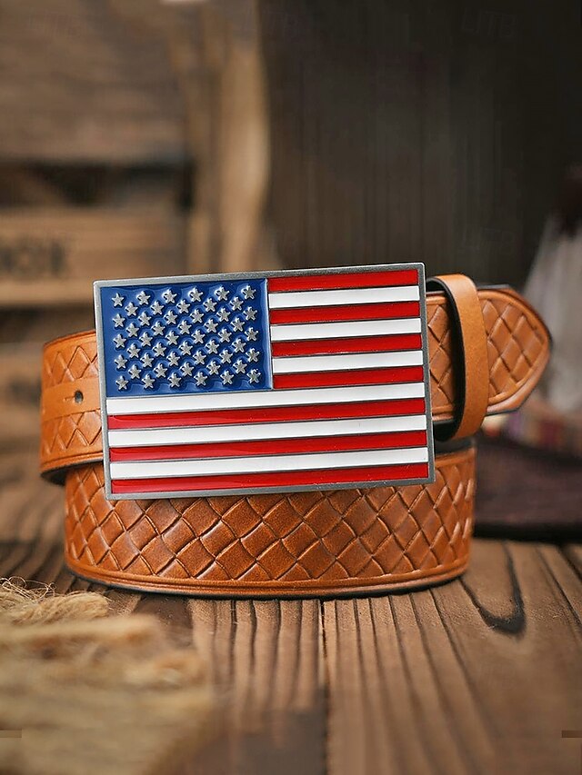 Men's Embossed Faux Leather Belt with American Flag Buckle, Multiple ...
