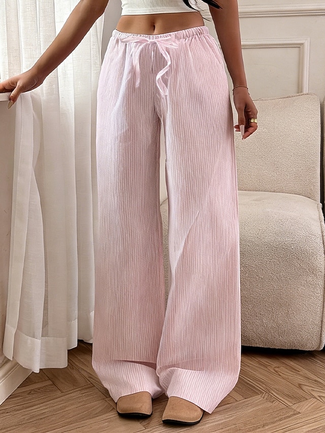 Women's Wide Leg Vacation Fashion Basic Full Length Mid Waist Striped ...