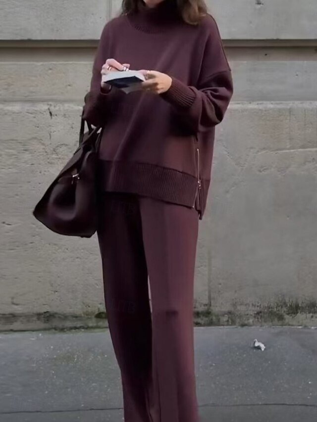 Women's Fashion Streetwear Pants Sets Bolero Top Long Sleeve Turtleneck ...