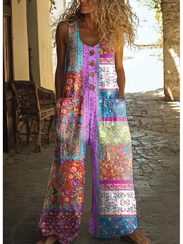 Women's Overall Active Floral Sleeveless Wide Leg Round Neck Patchwork ...